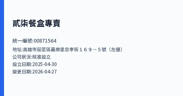 貳柒餐盒專賣的照片-統編 00871564(高雄市) 公司登記資料與營業項目詳細圖表