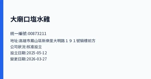 大廟口塩水雞的照片-統編 00873211(高雄市) 公司登記資料與營業項目詳細圖表