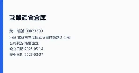 歐華餵食倉庫的照片-統編 00873599(高雄市) 公司登記資料與營業項目詳細圖表