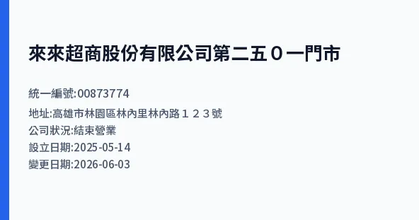 來來超商股份有限公司第二五0一門市的照片-統編 00873774(高雄市) 公司登記資料與營業項目詳細圖表