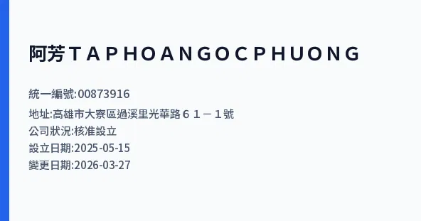 阿芳 TAP HOA NGOC PHUONG的照片-統編 00873916(高雄市) 公司登記資料與營業項目詳細圖表