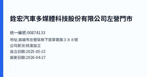 銓宏汽車多媒體科技股份有限公司左營門市的照片-統編 00874133(高雄市) 公司登記資料與營業項目詳細圖表