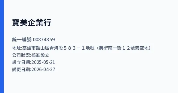 寶美企業行的照片-統編 00874859(高雄市) 公司登記資料與營業項目詳細圖表