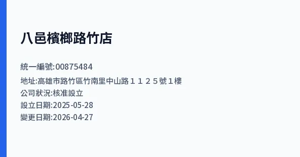 八邑檳榔路竹店的照片-統編 00875484(高雄市) 公司登記資料與營業項目詳細圖表