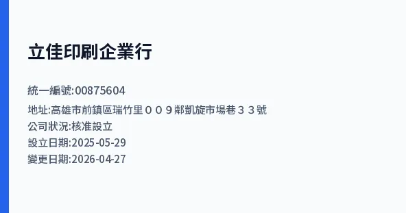 立佳印刷企業行的照片-統編 00875604(高雄市) 公司登記資料與營業項目詳細圖表