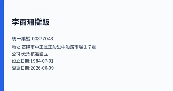 李雨珊攤販的照片-統編 00877043(基隆市) 公司登記資料與營業項目詳細圖表