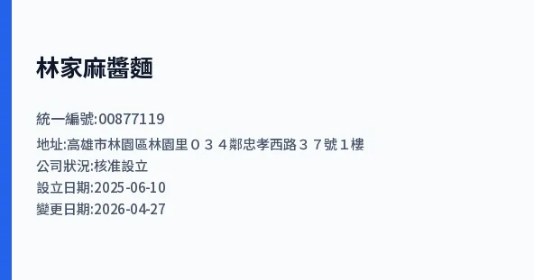 林家麻醬麵的照片-統編 00877119(高雄市) 公司登記資料與營業項目詳細圖表