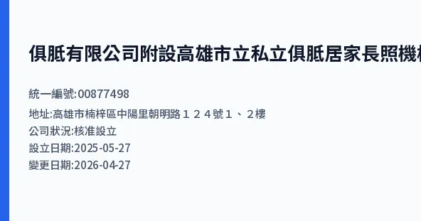 俱胝有限公司附設高雄市立私立俱胝居家長照機構的照片-統編 00877498(高雄市) 公司登記資料與營業項目詳細圖表