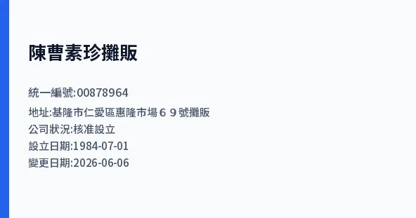陳曹素珍攤販的照片-統編 00878964(基隆市) 公司登記資料與營業項目詳細圖表