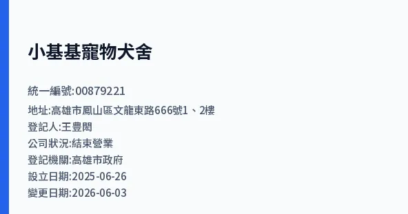 小基基寵物犬舍的照片-統編 00879221(高雄市) 公司登記資料與營業項目詳細圖表