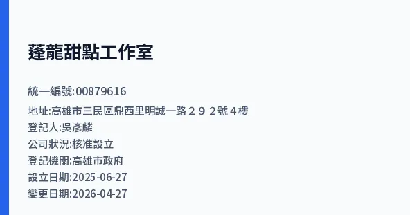 蓬龍甜點工作室的照片-統編 00879616(高雄市) 公司登記資料與營業項目詳細圖表