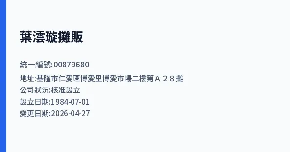葉澐璇攤販的照片-統編 00879680(基隆市) 公司登記資料與營業項目詳細圖表