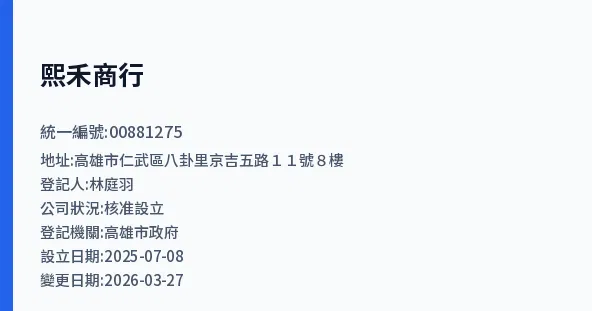 熙禾商行的照片-統編 00881275(高雄市) 公司登記資料與營業項目詳細圖表