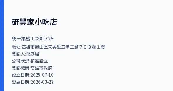 研豐家小吃店的照片-統編 00881726(高雄市) 公司登記資料與營業項目詳細圖表
