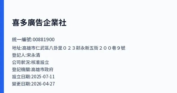 喜多廣告企業社的照片-統編 00881900(高雄市) 公司登記資料與營業項目詳細圖表