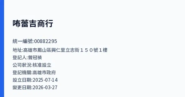 咘蕾吉商行的照片-統編 00882295(高雄市) 公司登記資料與營業項目詳細圖表