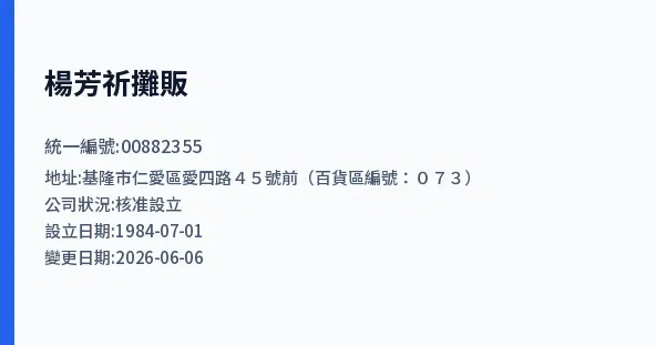 楊芳祈攤販的照片-統編 00882355(基隆市) 公司登記資料與營業項目詳細圖表