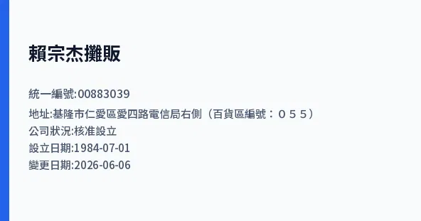 賴宗杰攤販的照片-統編 00883039(基隆市) 公司登記資料與營業項目詳細圖表