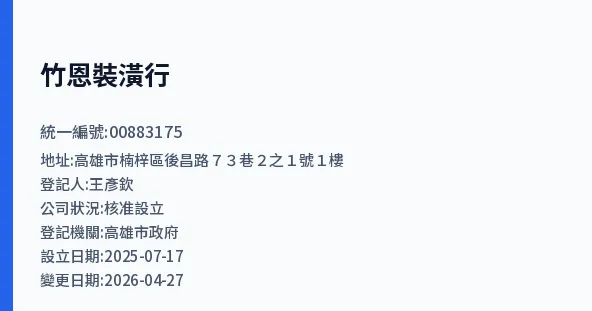 竹恩裝潢行的照片-統編 00883175(高雄市) 公司登記資料與營業項目詳細圖表