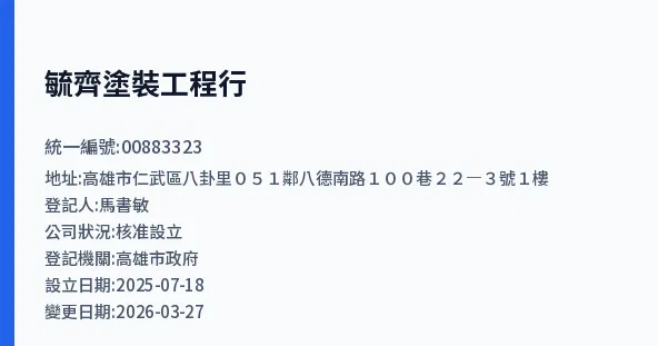 毓齊塗裝工程行的照片-統編 00883323(高雄市) 公司登記資料與營業項目詳細圖表