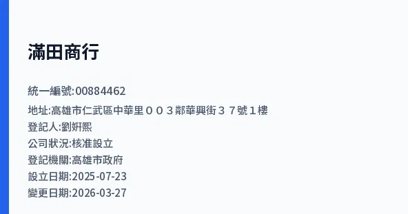 滿田商行的照片-統編 00884462(高雄市) 公司登記資料與營業項目詳細圖表