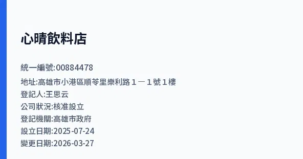 心晴飲料店的照片-統編 00884478(高雄市) 公司登記資料與營業項目詳細圖表