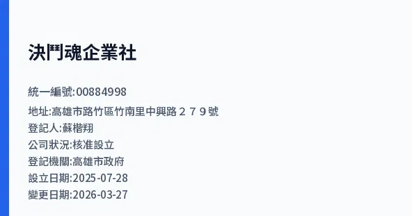 決鬥魂企業社的照片-統編 00884998(高雄市) 公司登記資料與營業項目詳細圖表