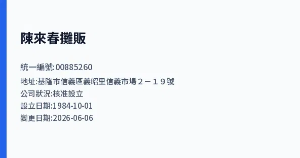陳來春攤販的照片-統編 00885260(基隆市) 公司登記資料與營業項目詳細圖表