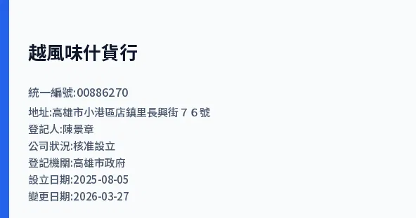越風味什貨行的照片-統編 00886270(高雄市) 公司登記資料與營業項目詳細圖表
