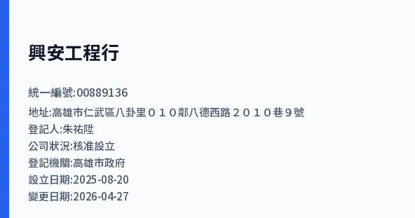 興安工程行的照片-統編 00889136(高雄市) 公司登記資料與營業項目詳細圖表