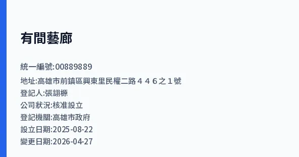 有間藝廊的照片-統編 00889889(高雄市) 公司登記資料與營業項目詳細圖表