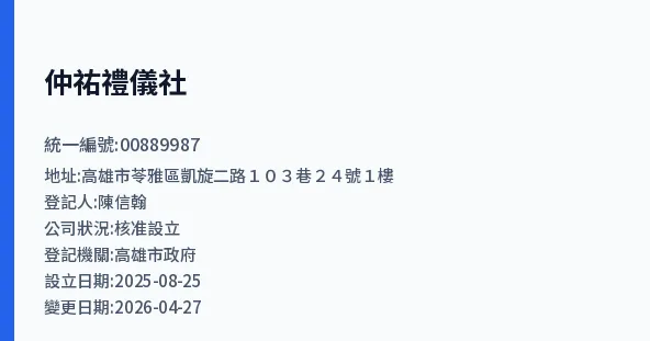 仲祐禮儀社的照片-統編 00889987(高雄市) 公司登記資料與營業項目詳細圖表
