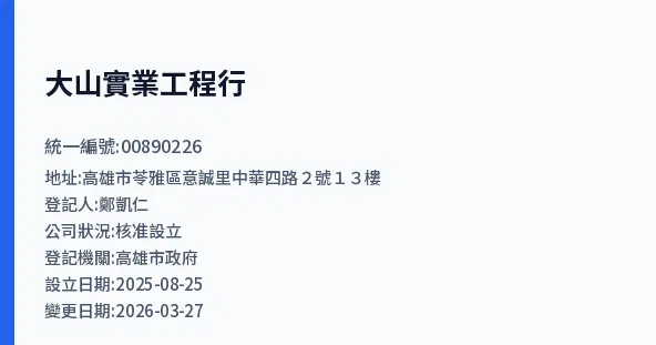 大山實業工程行的照片-統編 00890226(高雄市) 公司登記資料與營業項目詳細圖表