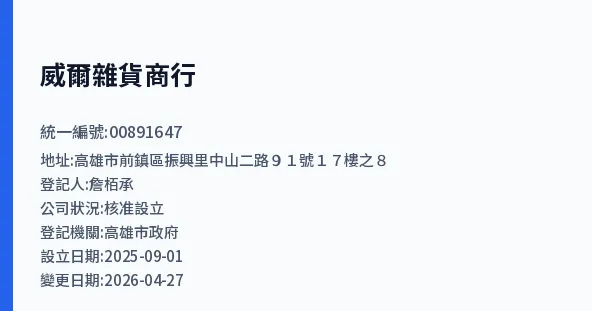 威爾雜貨商行的照片-統編 00891647(高雄市) 公司登記資料與營業項目詳細圖表