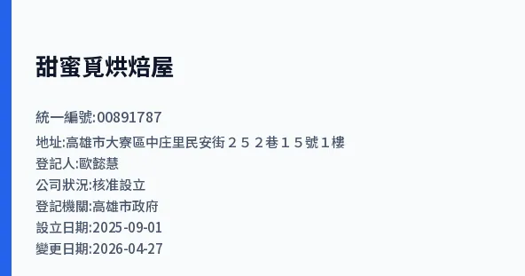 甜蜜覓烘焙屋的照片-統編 00891787(高雄市) 公司登記資料與營業項目詳細圖表