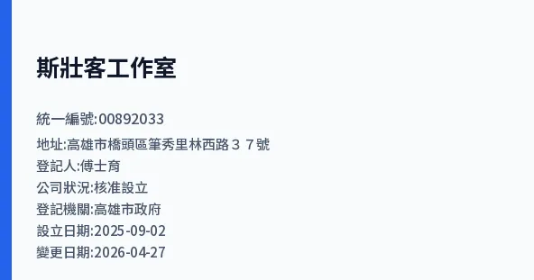 斯壯客工作室的照片-統編 00892033(高雄市) 公司登記資料與營業項目詳細圖表