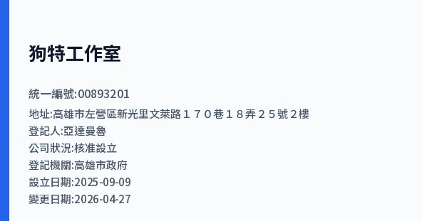 狗特工作室的照片-統編 00893201(高雄市) 公司登記資料與營業項目詳細圖表