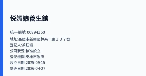 悦媚娘養生館的照片-統編 00894150(高雄市) 公司登記資料與營業項目詳細圖表