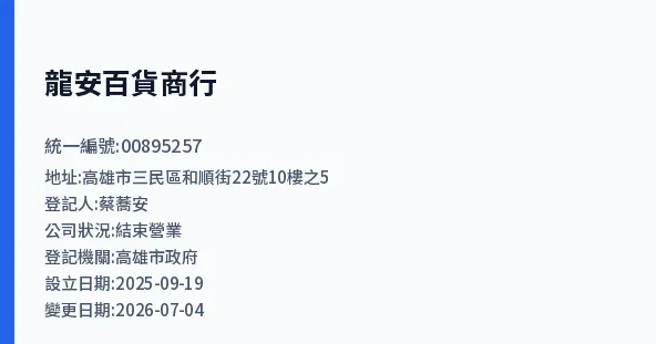 龍安百貨商行的照片-統編 00895257(高雄市) 公司登記資料與營業項目詳細圖表