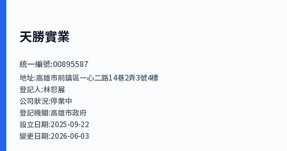 天勝實業的照片-統編 00895587(高雄市) 公司登記資料與營業項目詳細圖表