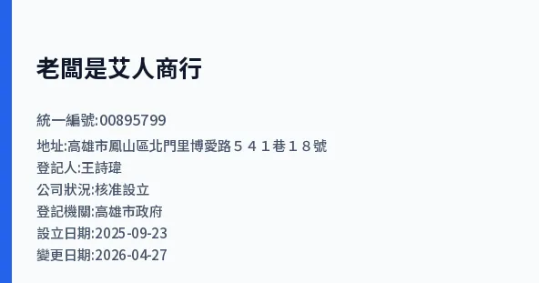 老闆是艾人商行的照片-統編 00895799(高雄市) 公司登記資料與營業項目詳細圖表
