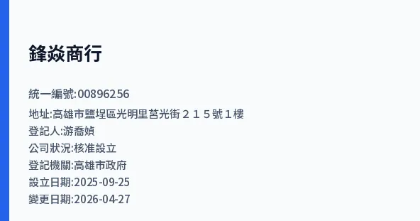 鋒焱商行的照片-統編 00896256(高雄市) 公司登記資料與營業項目詳細圖表