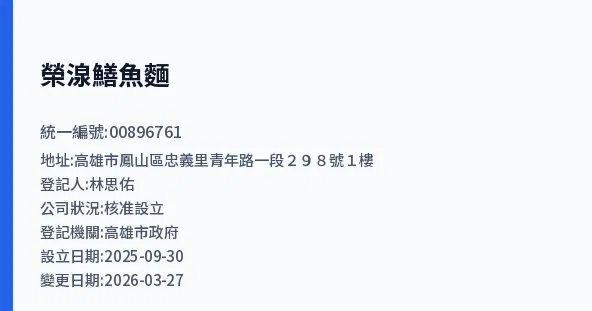 榮湶鱔魚麵的照片-統編 00896761(高雄市) 公司登記資料與營業項目詳細圖表