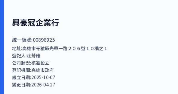 興豪冠企業行的照片-統編 00896925(高雄市) 公司登記資料與營業項目詳細圖表