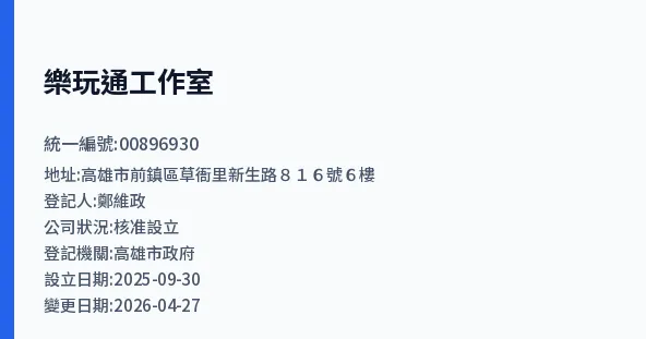 樂玩通工作室的照片-統編 00896930(高雄市) 公司登記資料與營業項目詳細圖表