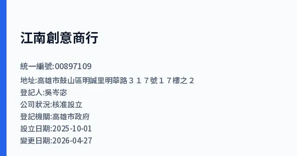 江南創意商行的照片-統編 00897109(高雄市) 公司登記資料與營業項目詳細圖表