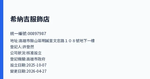 希納吉服飾店的照片-統編 00897987(高雄市) 公司登記資料與營業項目詳細圖表