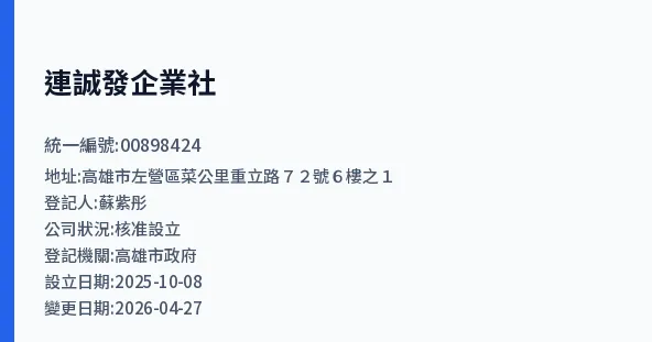 連誠發企業社的照片-統編 00898424(高雄市) 公司登記資料與營業項目詳細圖表