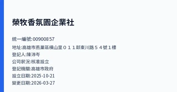 榮牧香氛園企業社的照片-統編 00900857(高雄市) 公司登記資料與營業項目詳細圖表