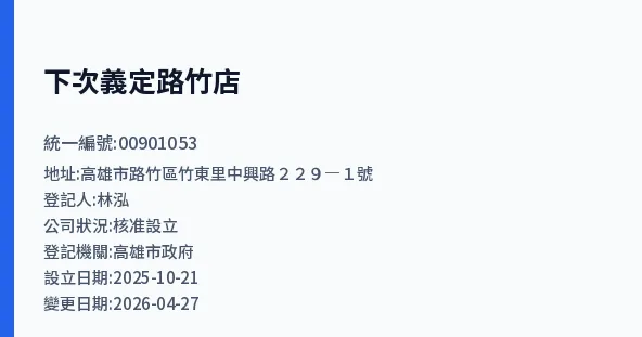 下次義定路竹店的照片-統編 00901053(高雄市) 公司登記資料與營業項目詳細圖表